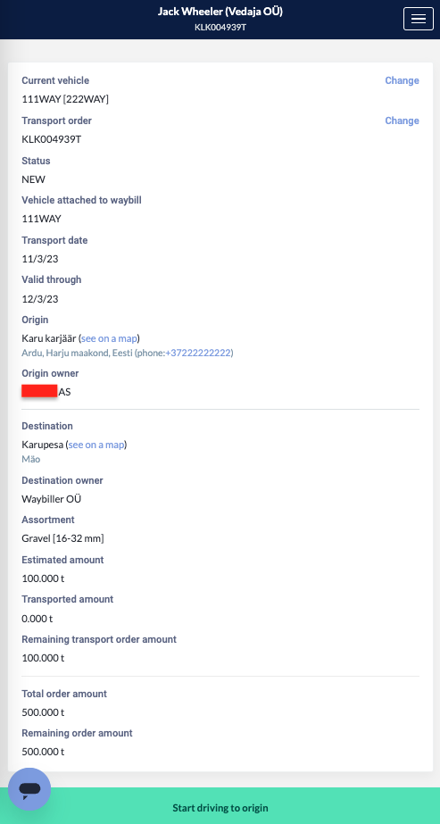 Waybill created from a Transport Order – Waybiller